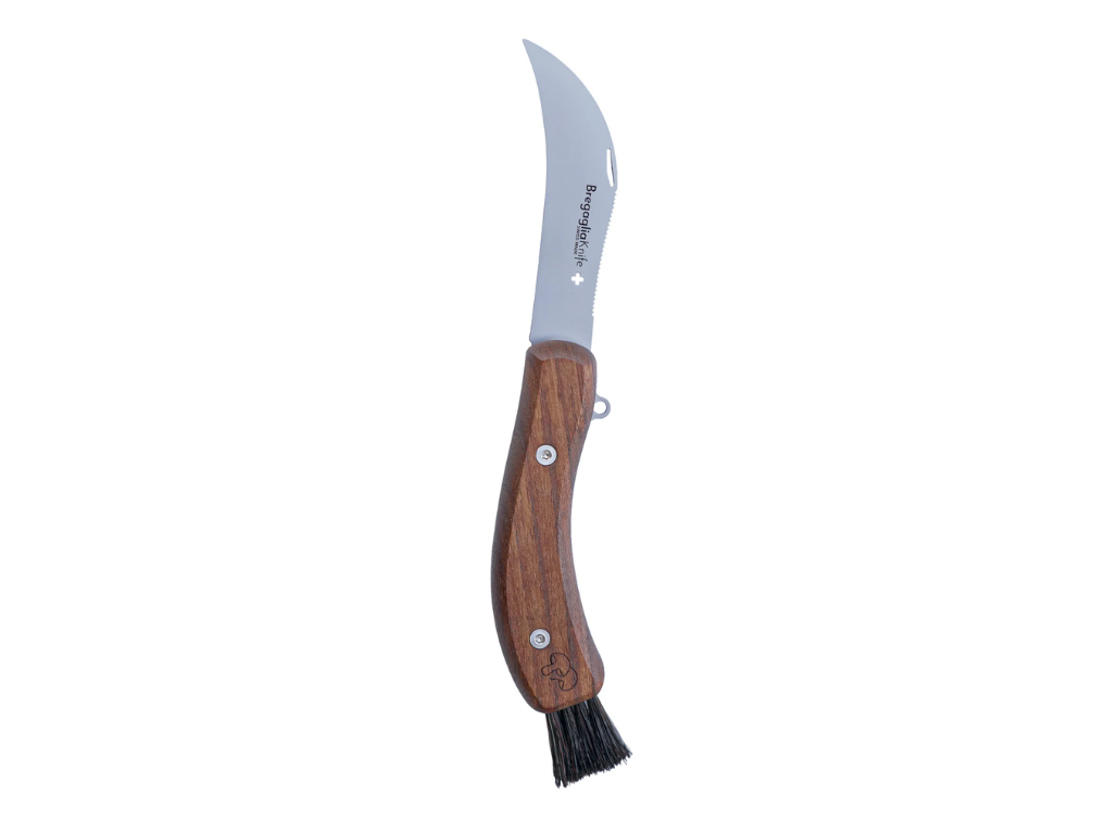 Bregaglia Coltello per Funghi - Lama Curva, Spazzola e Manico in Noce